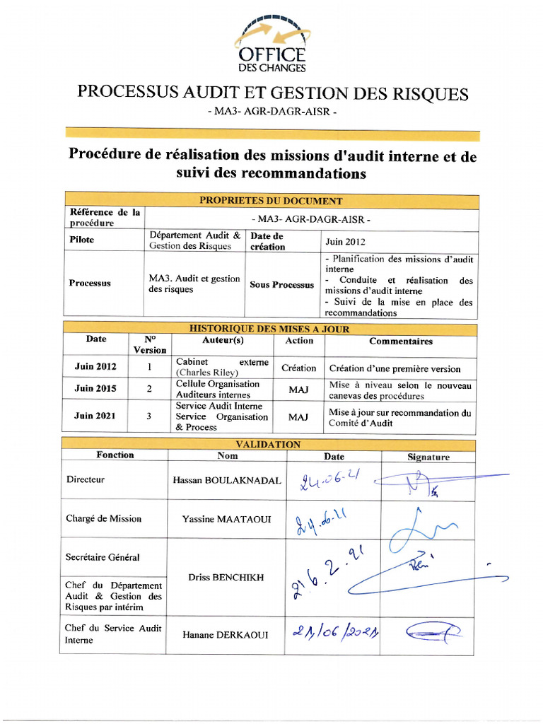 Procédure Audit Interne Et Suivi Recommandations | PDF