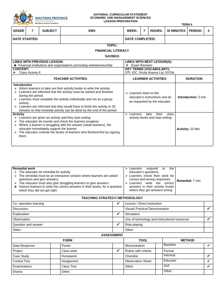Week 7 Lesson Plan 4 | PDF