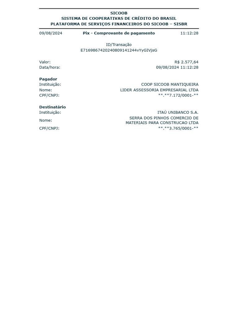 Sicoob Comprovante (09-08-2024 11-12-31) | PDF Sicoob Comprovante (09-08-2024 11-12-31) | PDF