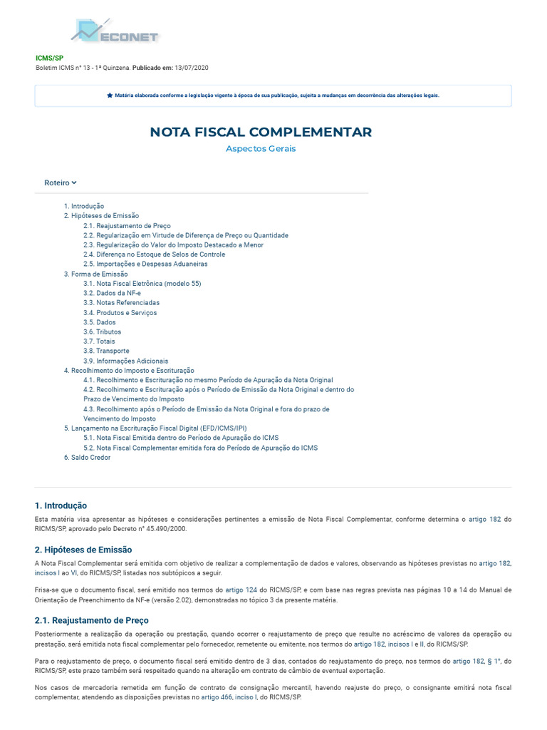ICMS-SP - Nota Fiscal Complementar | PDF