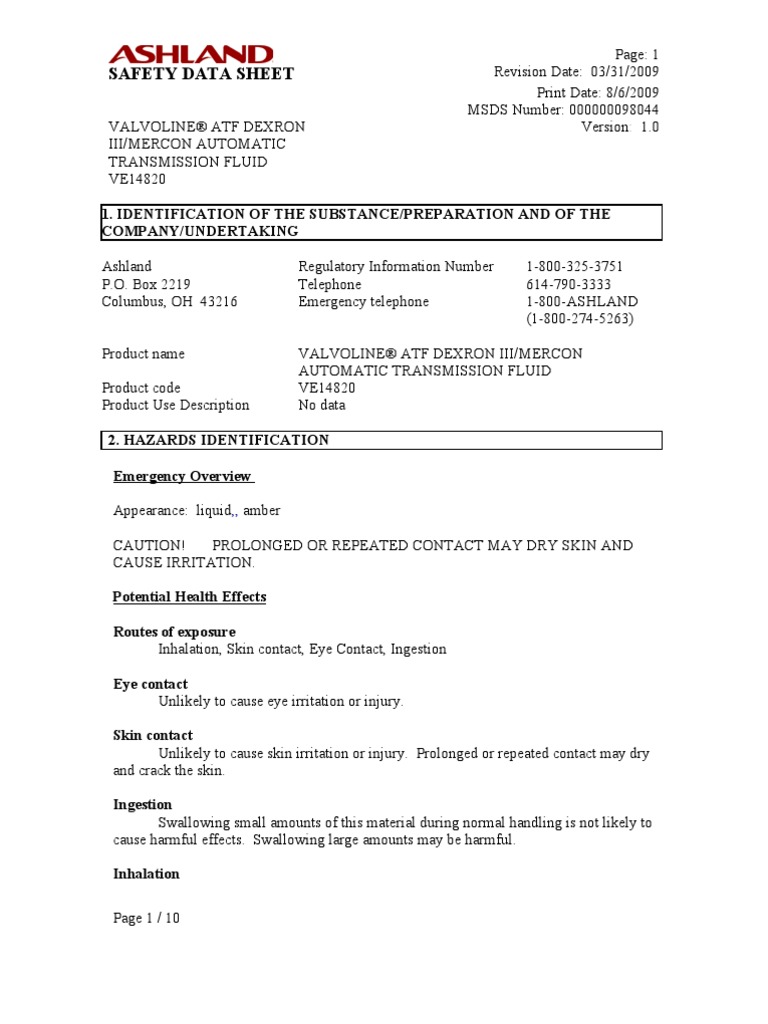 Valvoline ATF Dexron III Mercon | PDF | Hypothermia | Toxicity