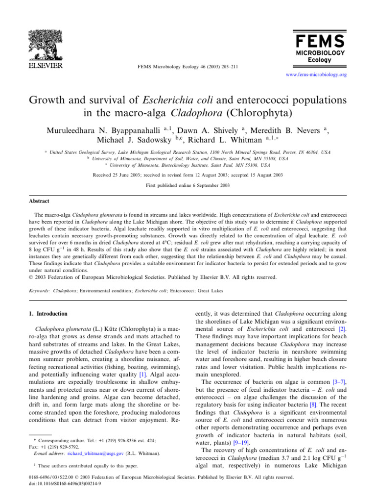 Growth and Survival of Escherichia Coli and Enterococci Populations in The Macro-Alga Cladophora ...