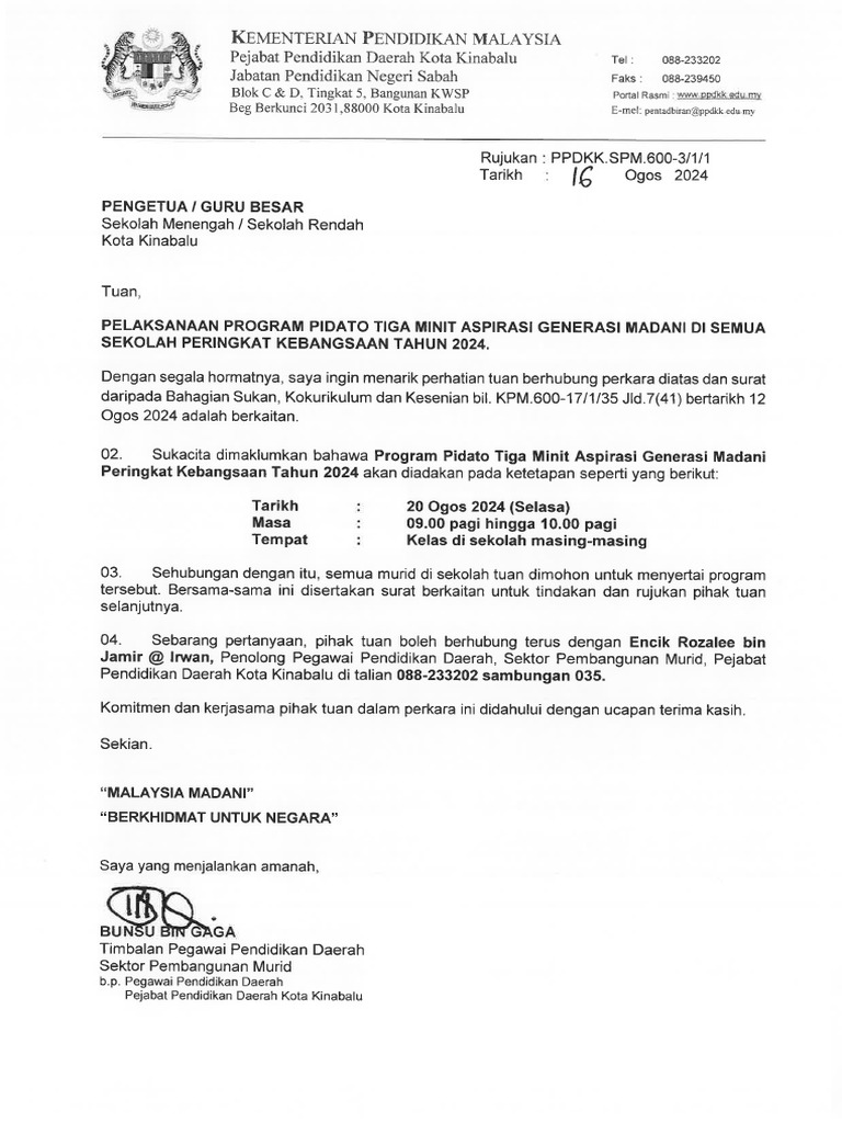 (S) Pelaksanaan Program Pidato 3 Minit Aspirasi Generasi Madani 2024 | PDF