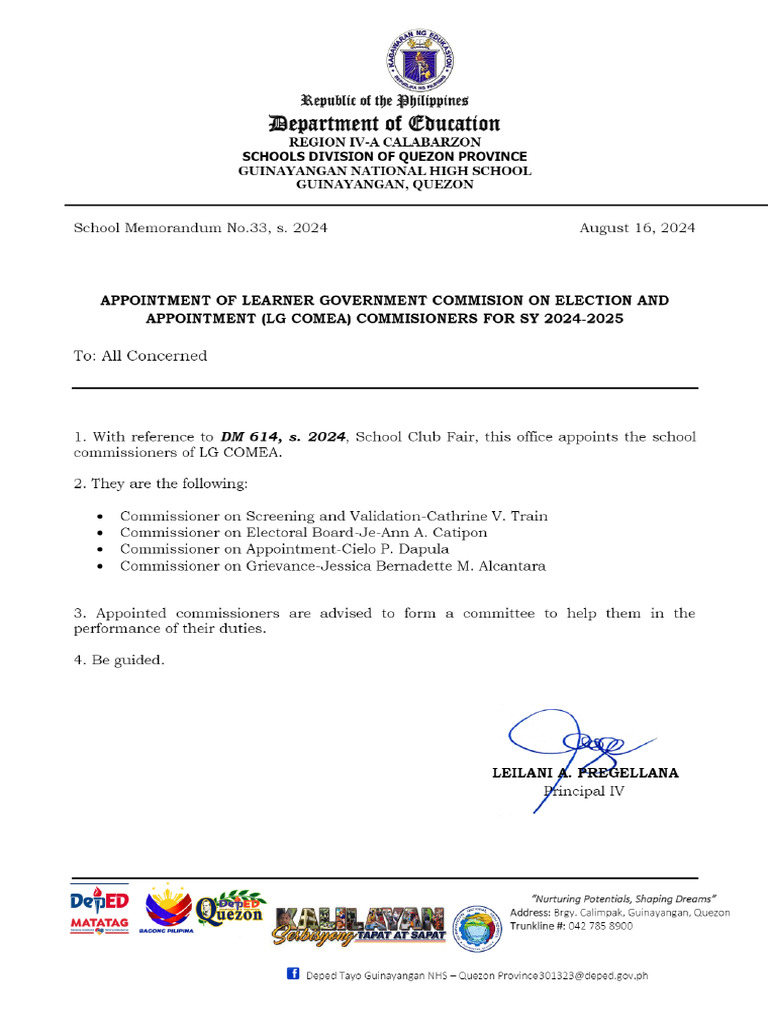 Sch. Memo No.33 2024 APPOINTMENT OF LG COMEA COMMISIONER | PDF
