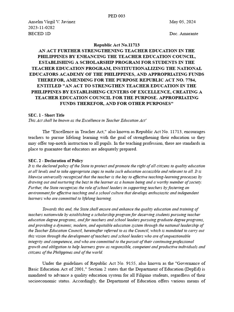 RA 11713 Excellence in Teacher Education Act April 7 2024 | PDF