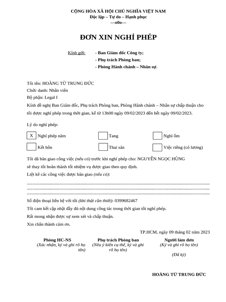 Don Xin Nghi Phep - 20230209 | PDF