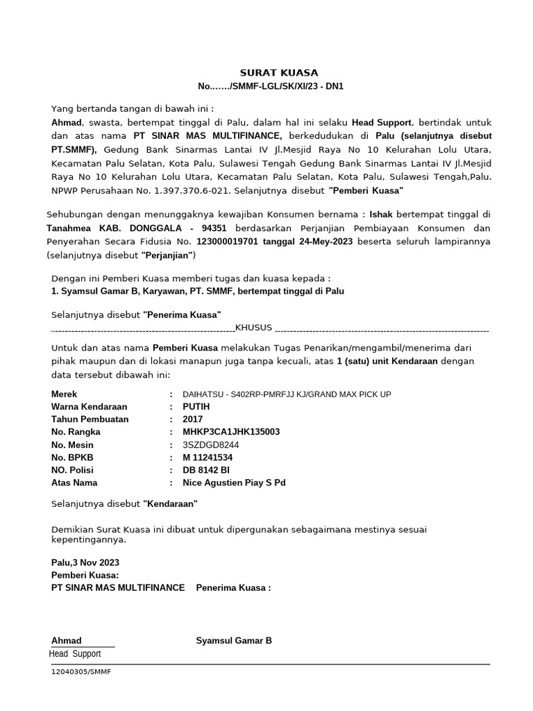 Surat Kuasa Penarikan Kendaraan | PDF | Hukum