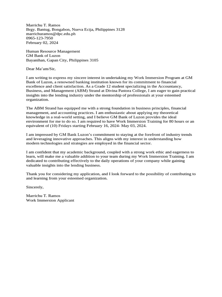 G12 Abm Application Letter Sample | PDF | Career & Growth