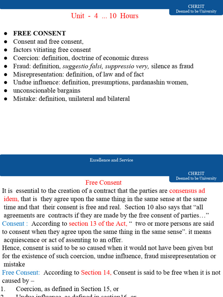 Contract - Unit 4, Free Consent, Coersion and Undue Influence | PDF