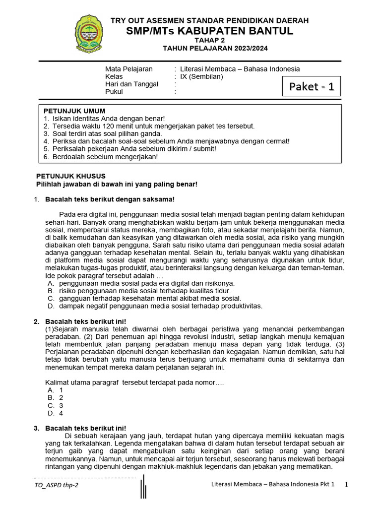 Literasi Membaca - Bahasa Indonesia PKT 1 | PDF