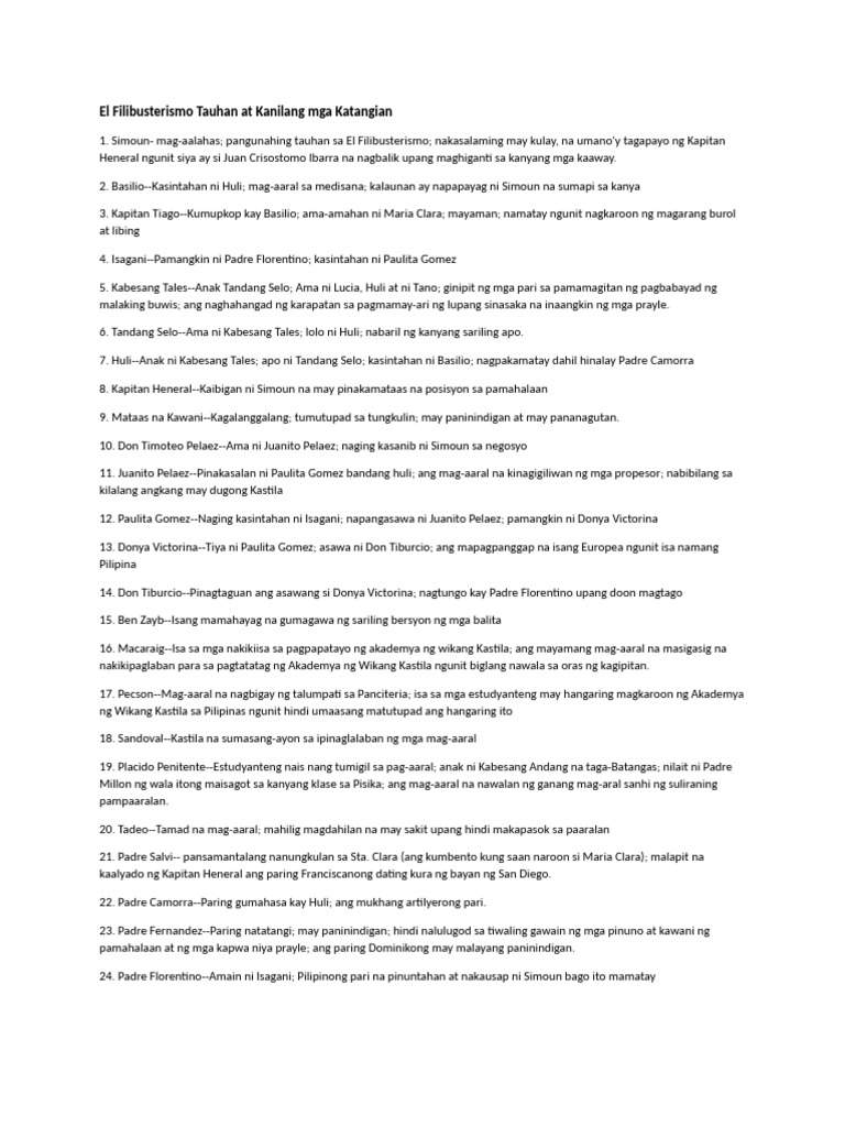 El Filibusterismo Tauhan at Buod | PDF | Novels | Spanish Language ...