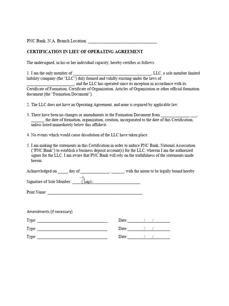 Certification in Lieu of Operating Agreement All States Except MO | PDF