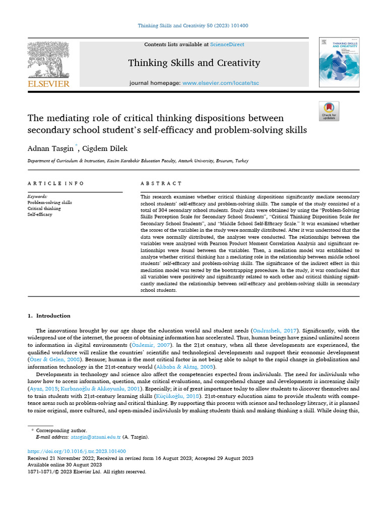 The Mediating Role of Critical Thinking Dispositions Between Secondary School Student's Self ...