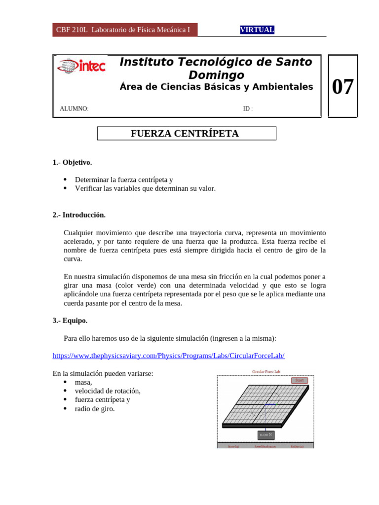 CBF210L Pract 07 (Fuerza Centrípeta) . | PDF