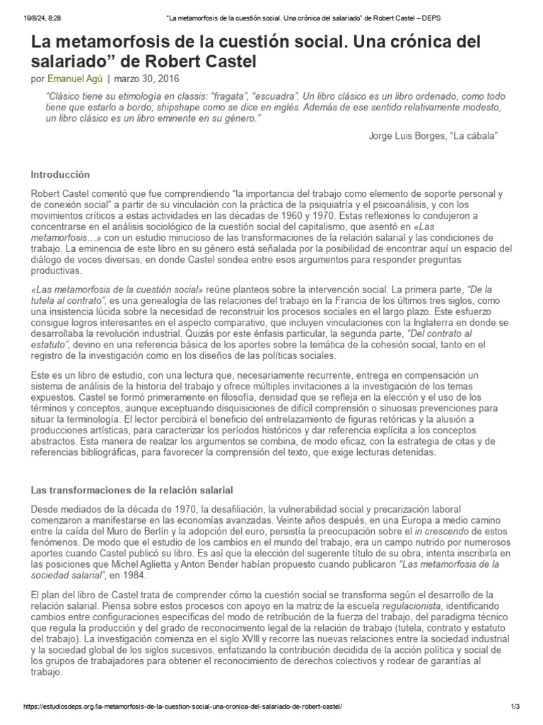 "La Metamorfosis de La Cuestión Social. Una Crónica Del Salariado" de ...