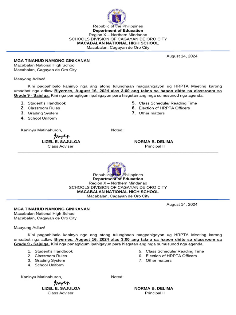 Hrpta Letter 2024 2025 Bisaya | PDF