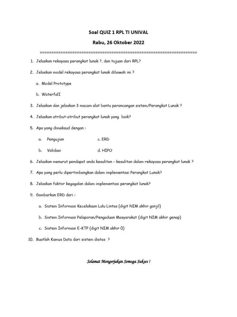 Soal Quiz 1 RPL Unival | PDF