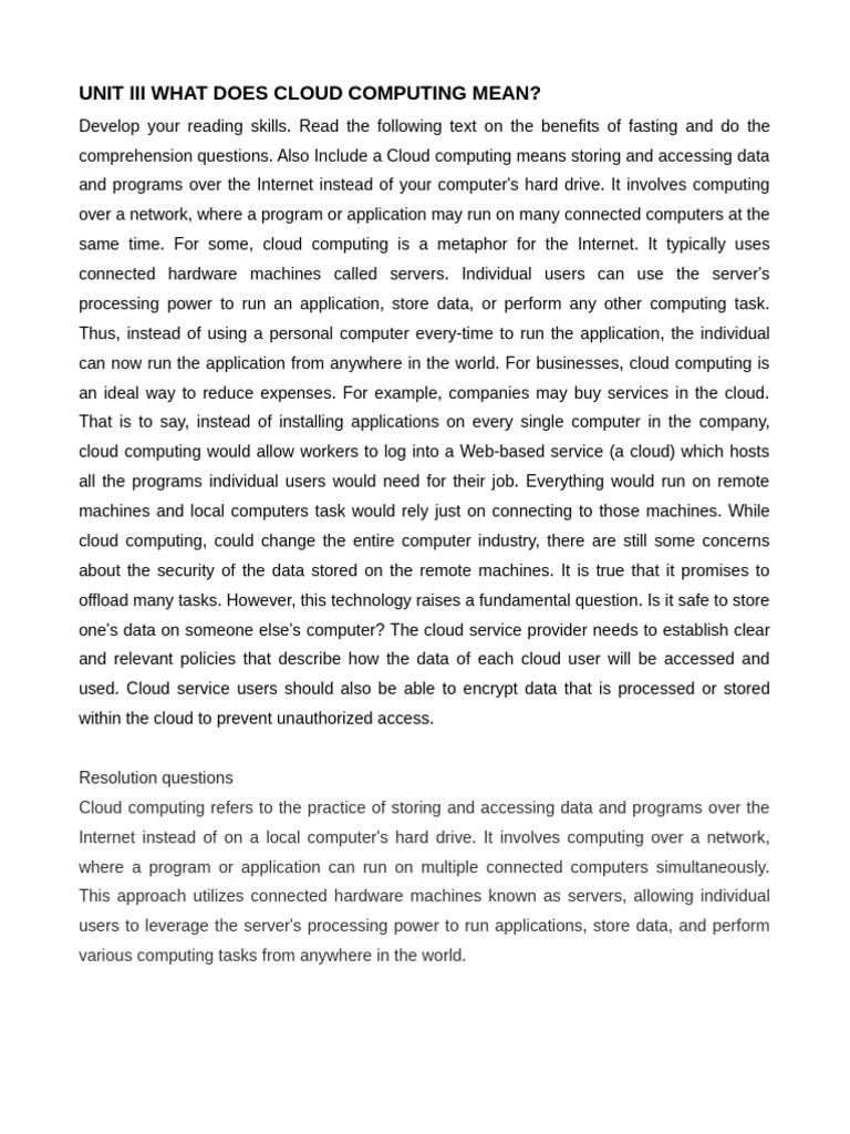 Unit Iii: Reading Comprehension | PDF | Cloud Computing | Computing
