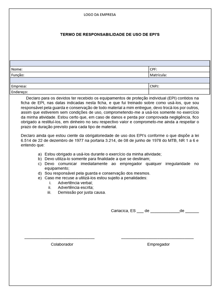 Termo de Responsabilidade Epi Em Branco | PDF