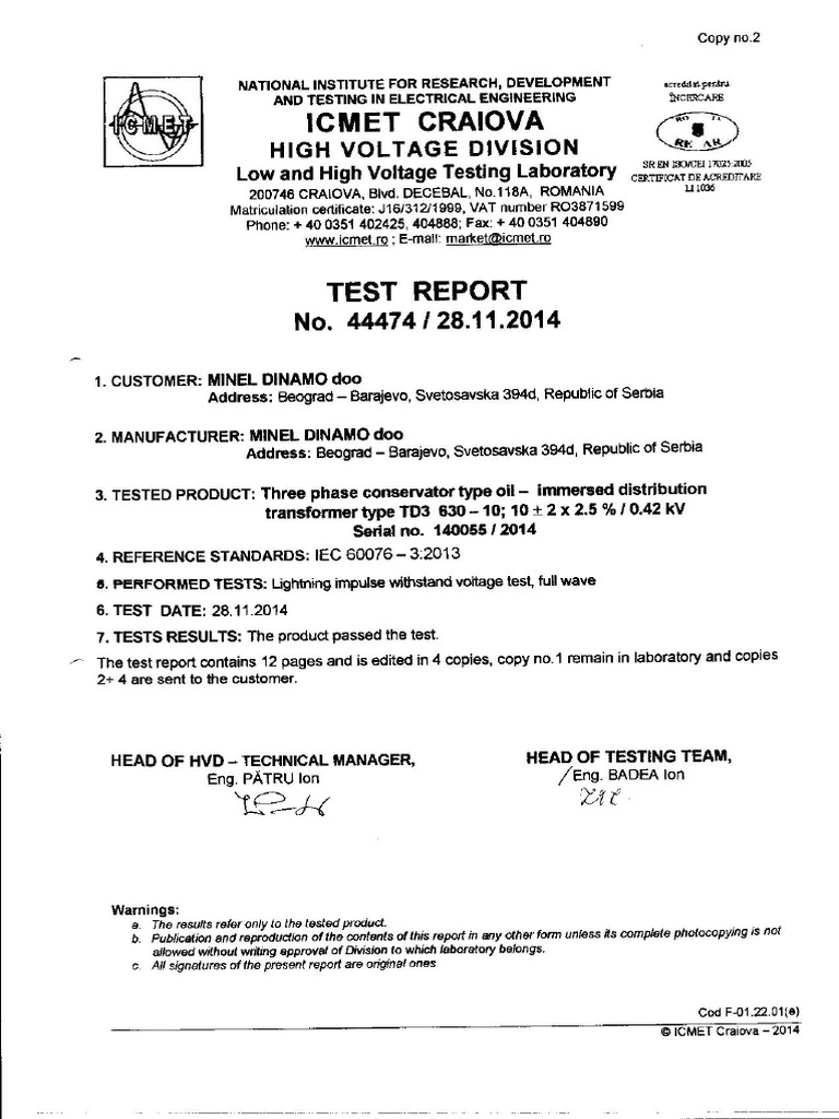 Type Test Report 630kVA, 10-0.42kV | PDF