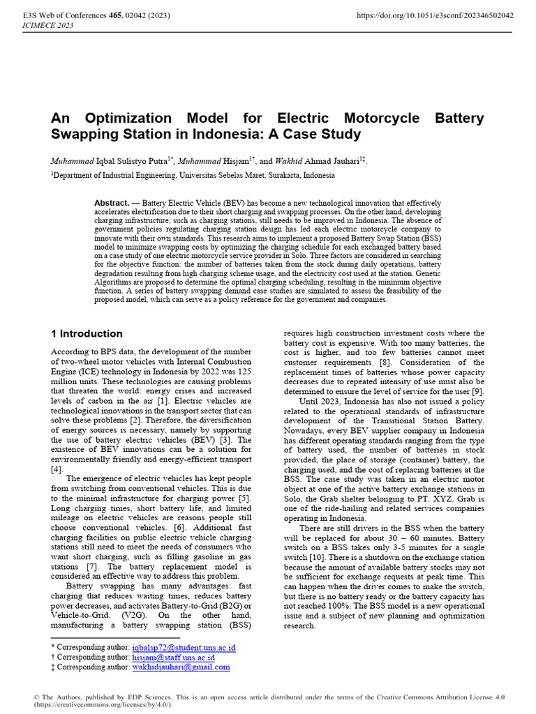 An Optimization Model For Electric Motorcycle Batt | PDF