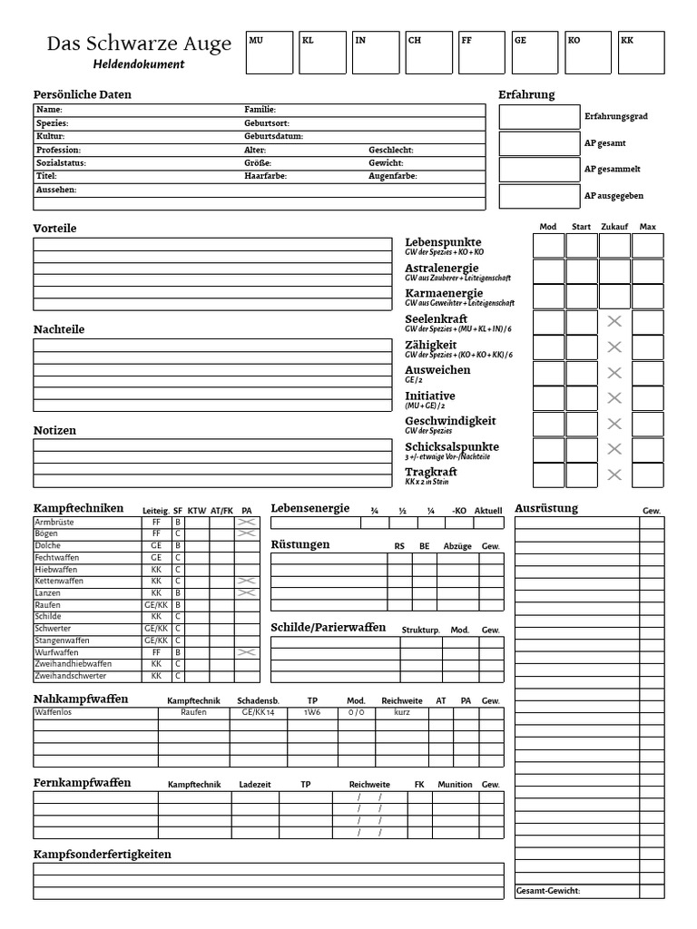 Heldendokument DSA 5 Kompakt 1.1 | PDF