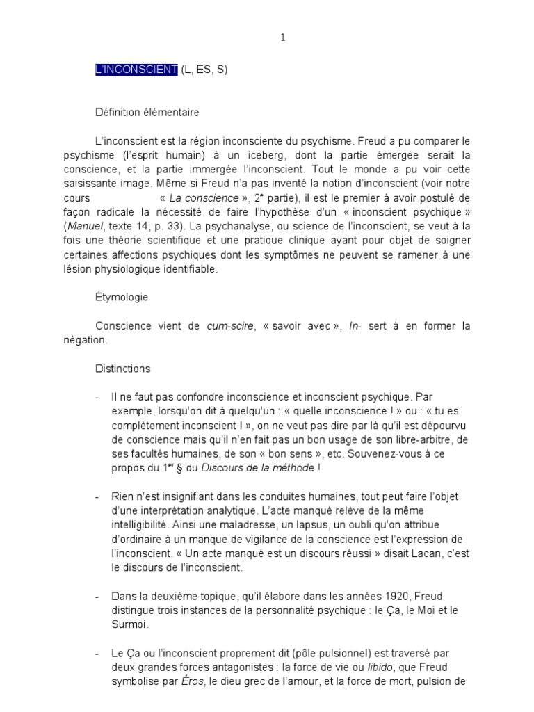 Définition de l'inconscient selon Freud | PDF | Inconscient | Psychanalyse