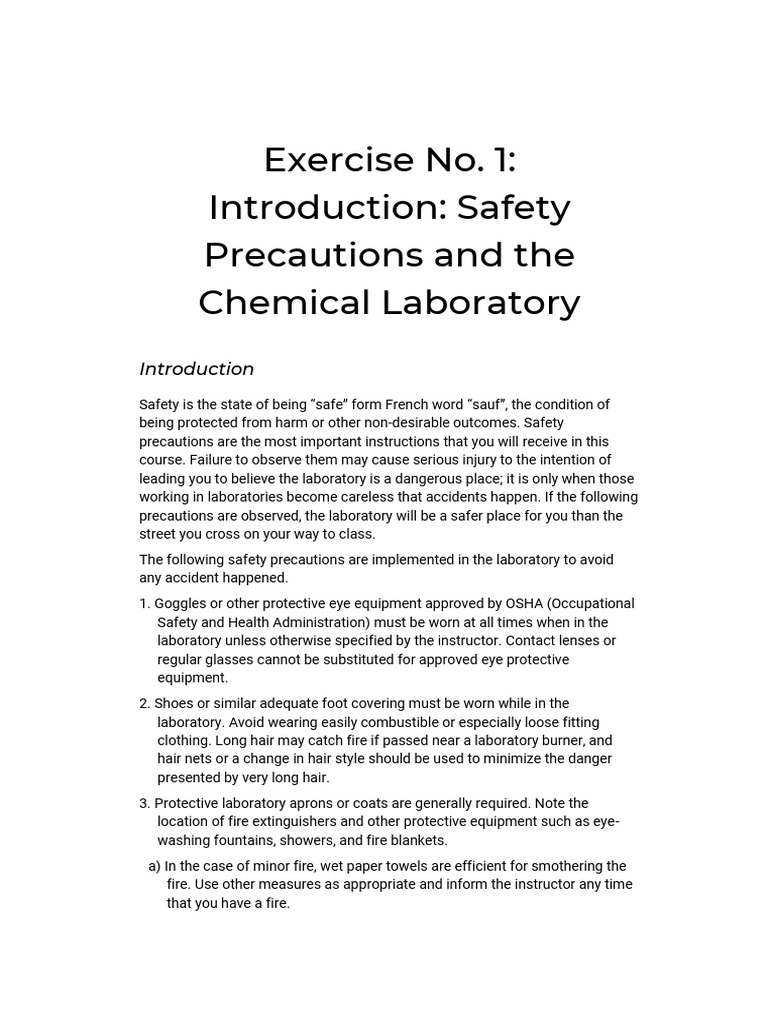 Exercise No. 1 - Introduction. Safety Precautions and The Chemical ...