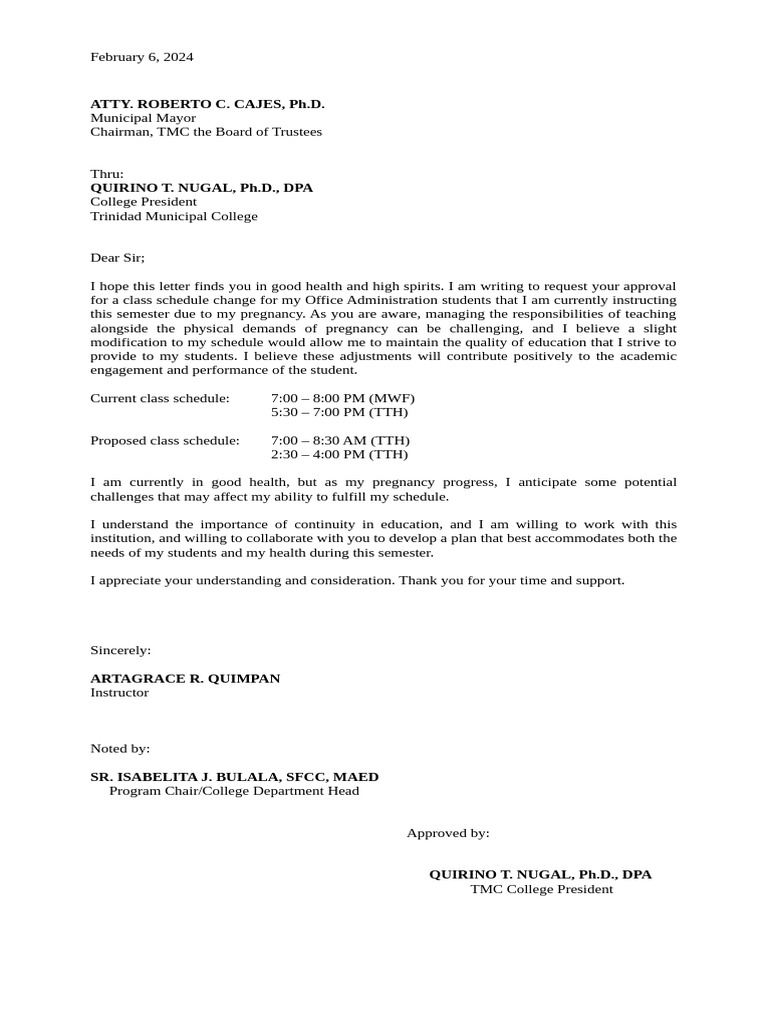 Request for Class Schedule Change | PDF | Self-Improvement | Wellness
