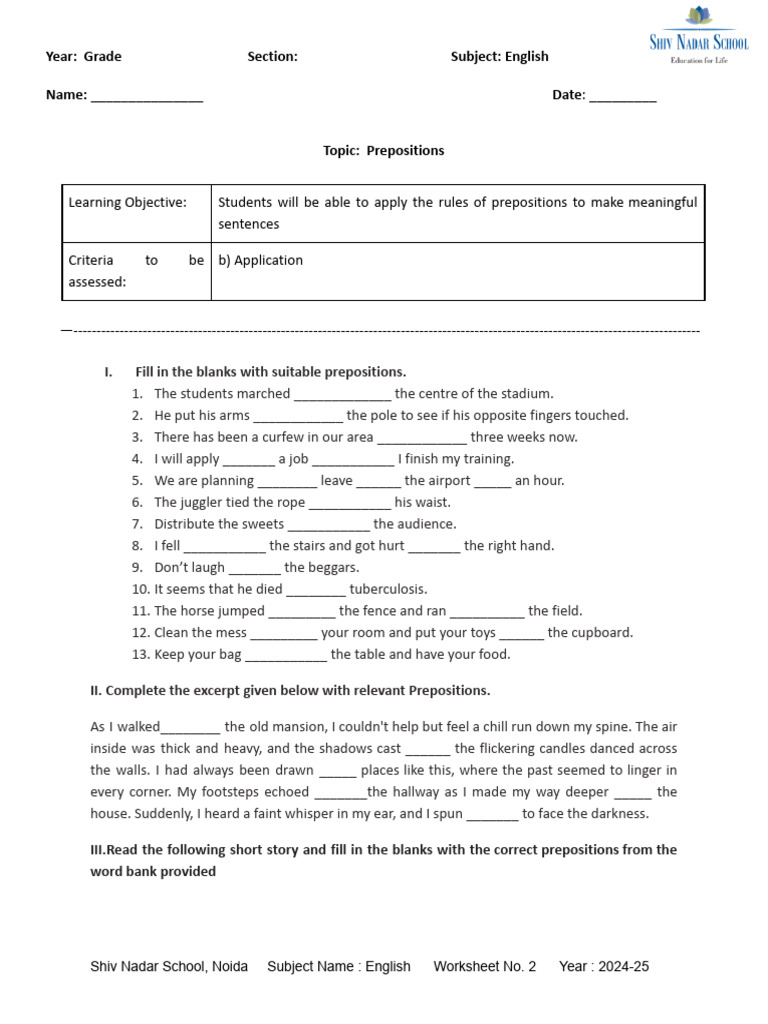 Prepositions Worksheet - Grade 8 (Session 2024-25) | PDF