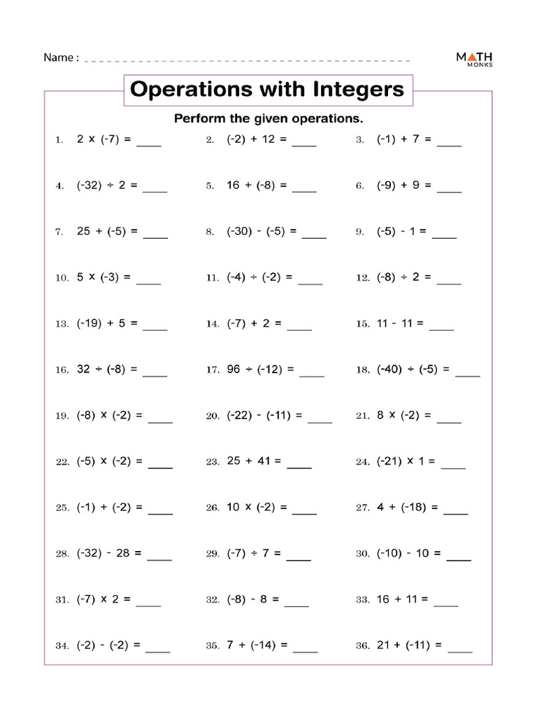 Worksheet On Operations With Integers | PDF