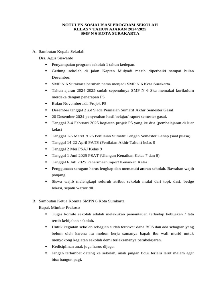 NOTULEN SOSIALISASI PROGRAM SEKOLAH 2024 Dan 2025 | PDF