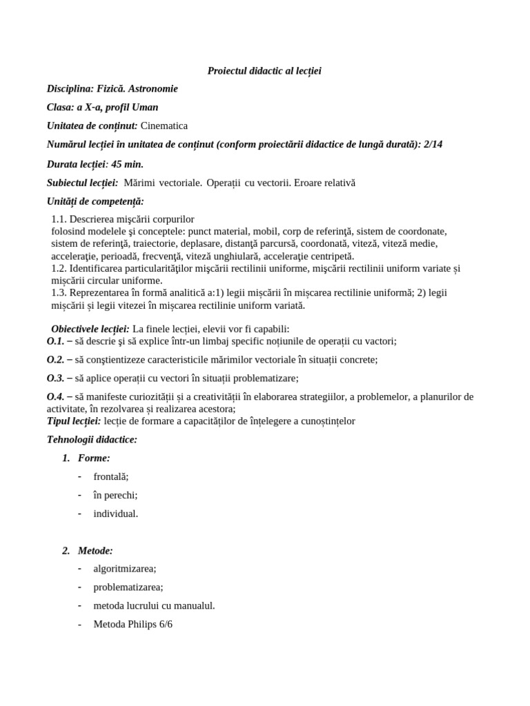 Proiect - Lectie - 2 Mărimi Vectoriale. Operații Cu Vectorii. Eroare Relativă. | PDF