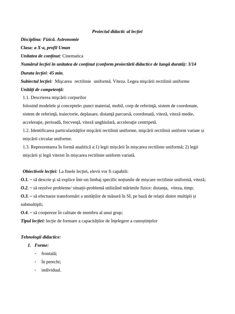 proiect - lectie - 3 - Mişcarea - rectilinie - uniformă. - Viteza - Legea - mişcării ...