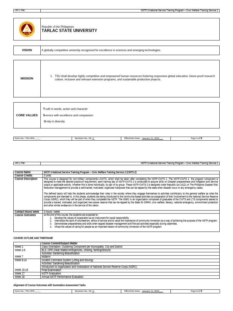 NSTP CWTS 2 Obtl Syllabus 2 | PDF