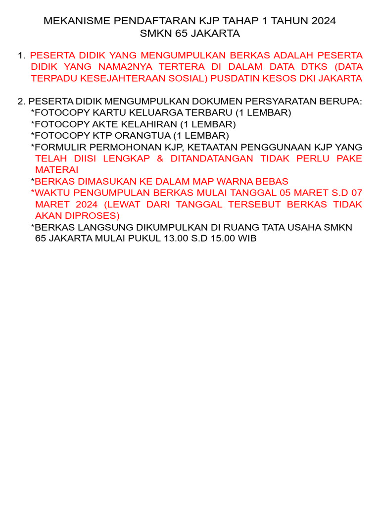 Mekanisme Pendaftaran KJP Tahap 1 Tahun 2024 SMKN 65 JKT | PDF