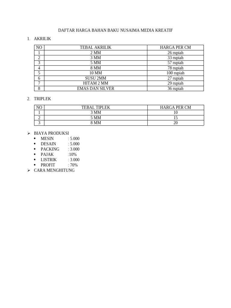Daftar Harga Bahan Baku Nusaima Media Kreatif | PDF