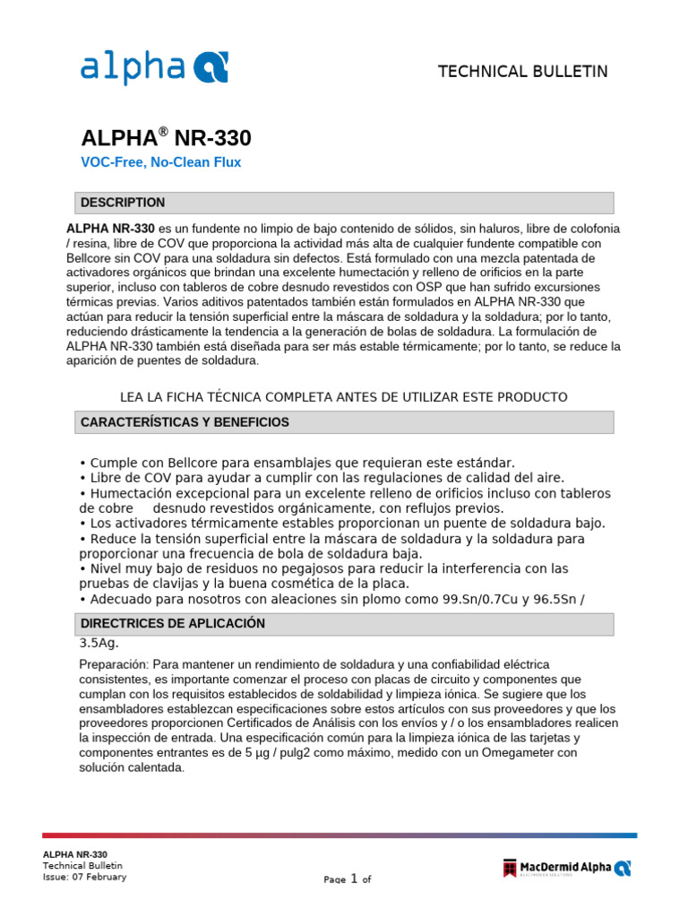 Alpha Nr-330 Liquid Flux en 07feb20 TB | PDF | Soldadura | Construcción