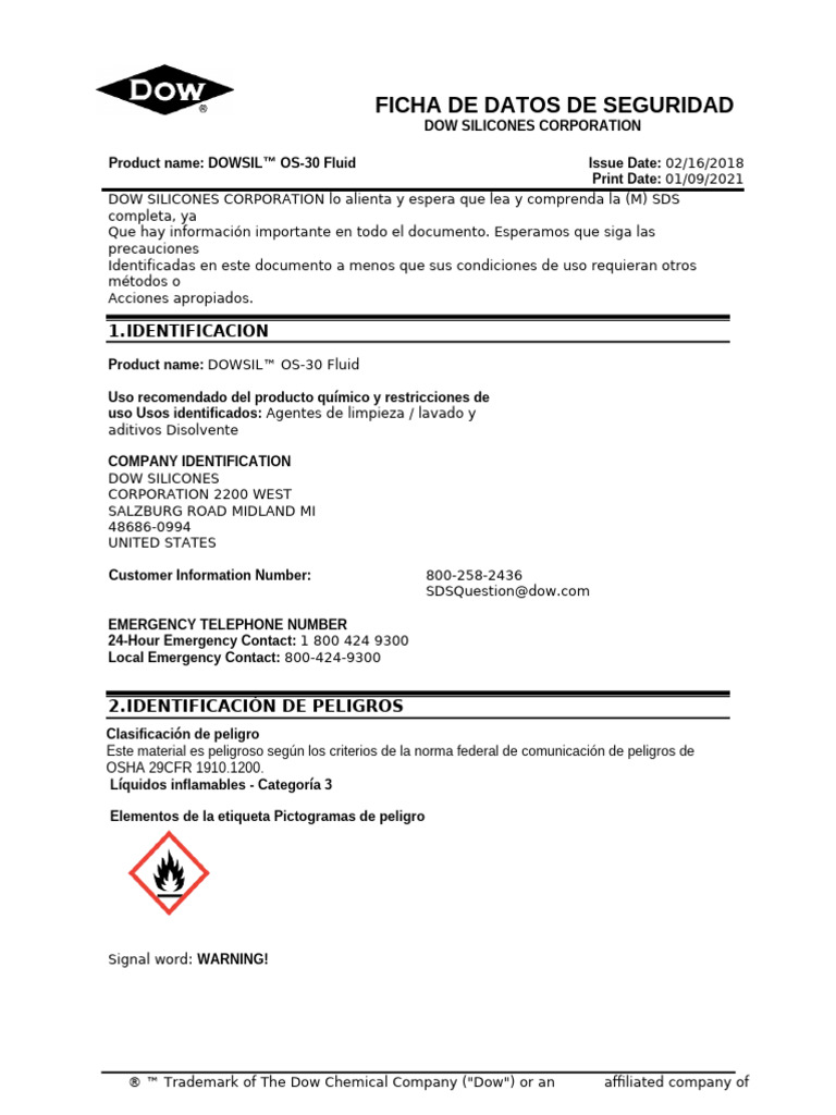 DOWSIL OS-30 - Hoja de Seguridad - Spanish | PDF