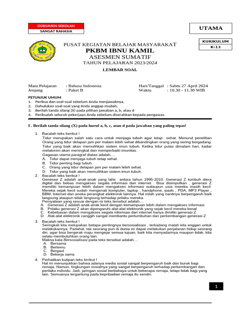 Soal Bhs Indo Paket B 2024 | PDF
