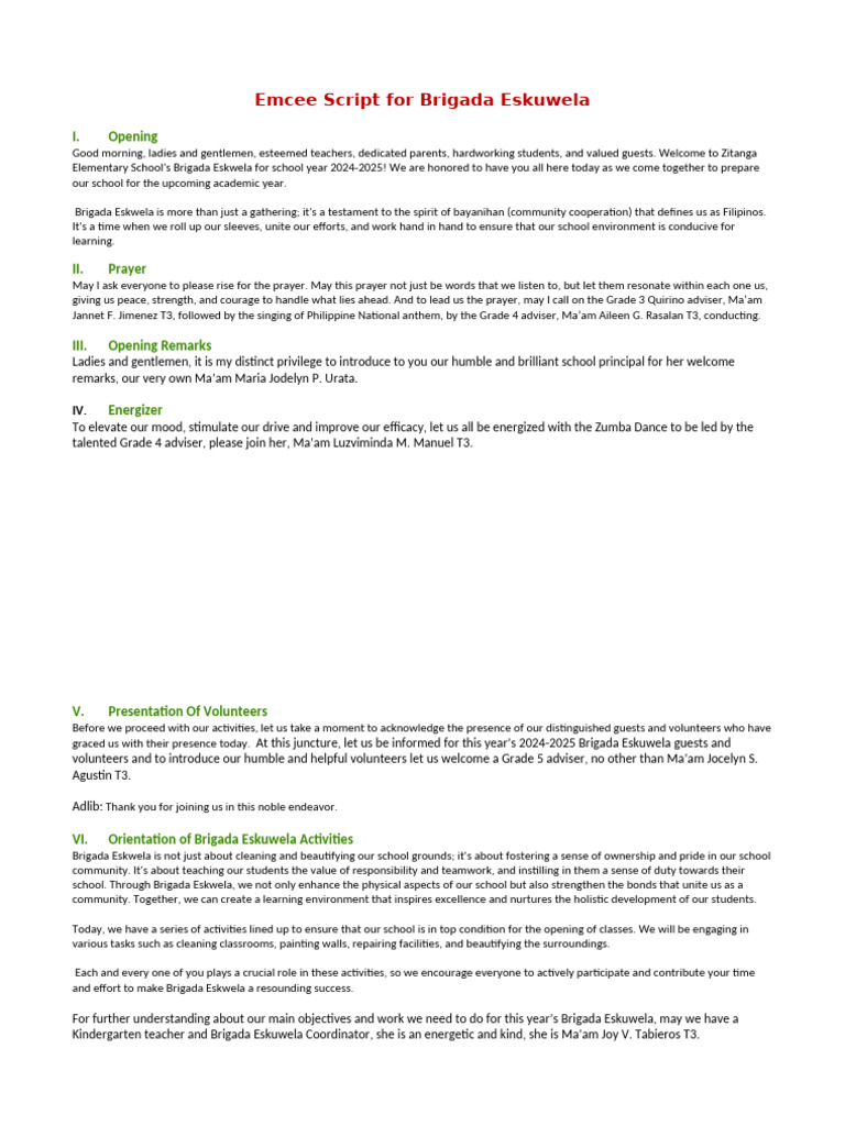 Brigada Emcee Script 2024 2025 | PDF | Teachers | Career & Growth