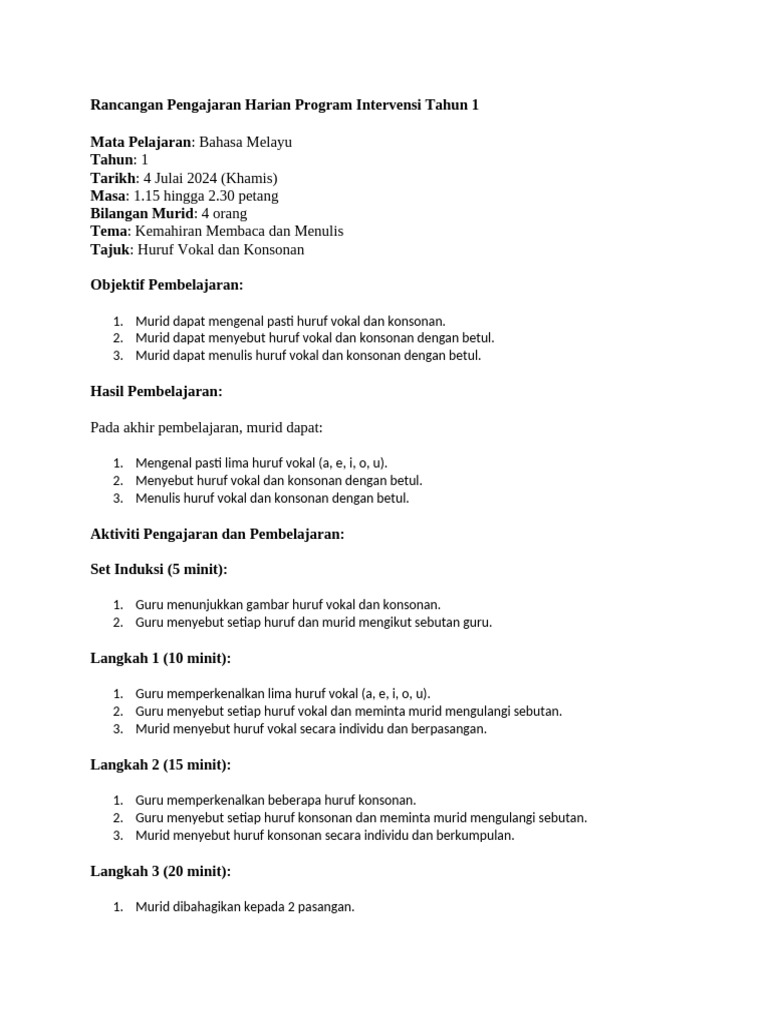 RPH PITS BM Tahun 1 2024 | PDF