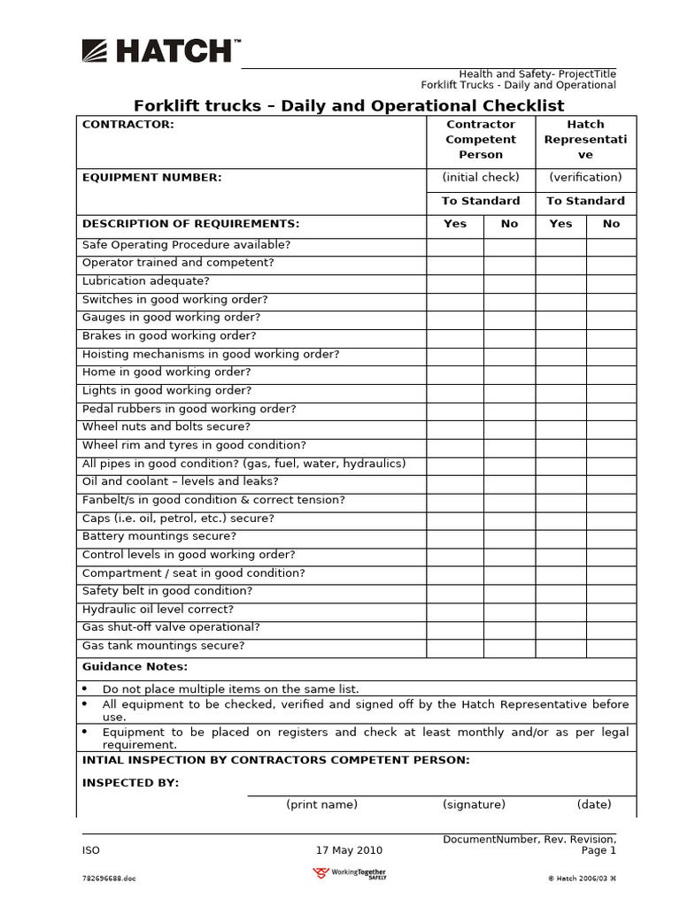 HS-FG-017-F14-14 Forklift Trucks - Daily and Operational Checklist | PDF
