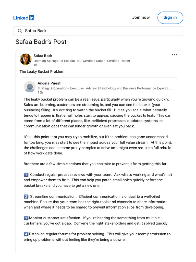Safaa Badr On LinkedIn The Leaky Bucket Problem.p | PDF | Attitude (Psychology) | Self-Improvement