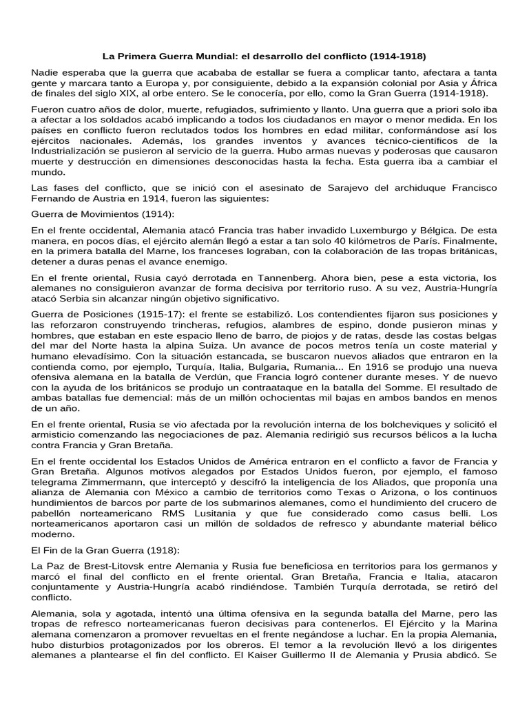 La Primera Guerra Mundial DESARROLLO Y CONSECUENCIAS | PDF | Primera ...
