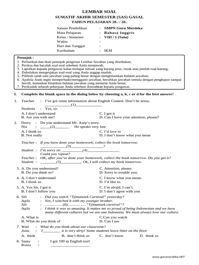 Naskah Soal SAS 8B.Ing IKM | PDF