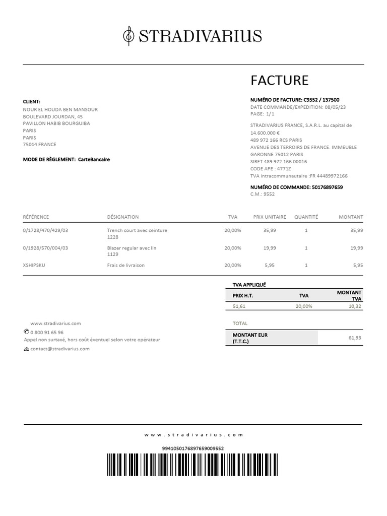Facture: NUMÉRO DE FACTURE: C9552 / 137500 Client | PDF