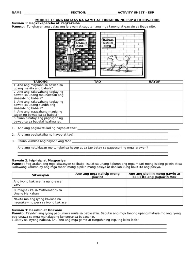 Q1 M1 Answer Sheet | PDF