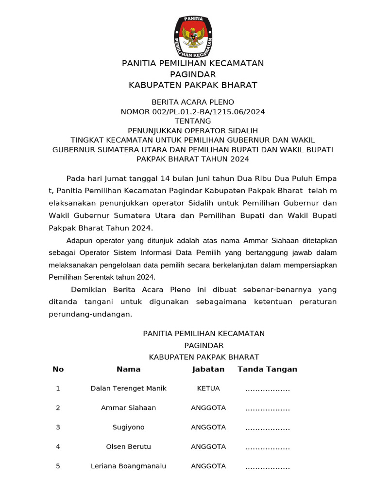 Format BA PPK Pemilihan Serentak | PDF