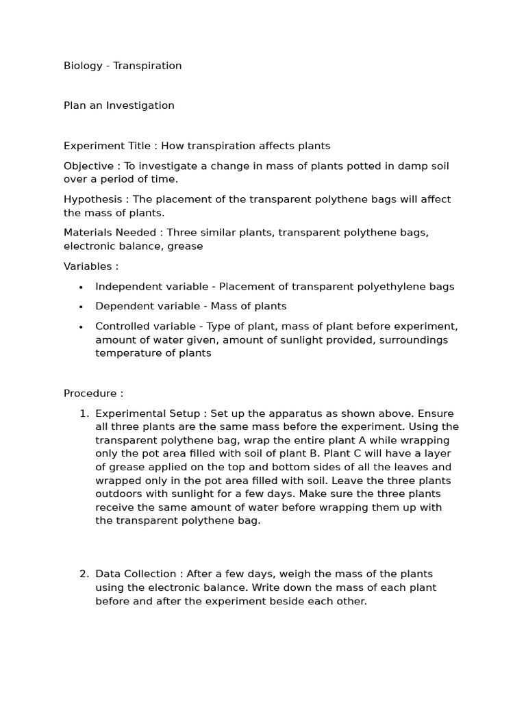 Biology - Transpiration Experiment | PDF